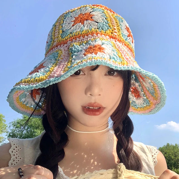 DAIIIBABYY - Dopamine Contrasting Color Flower Straw Cap for Women Sum ...