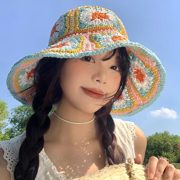 DAIIIBABYY - Dopamine Contrasting Color Flower Straw Cap for Women Sum ...