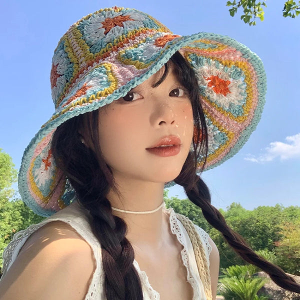 DAIIIBABYY - Dopamine Contrasting Color Flower Straw Cap for Women Sum ...